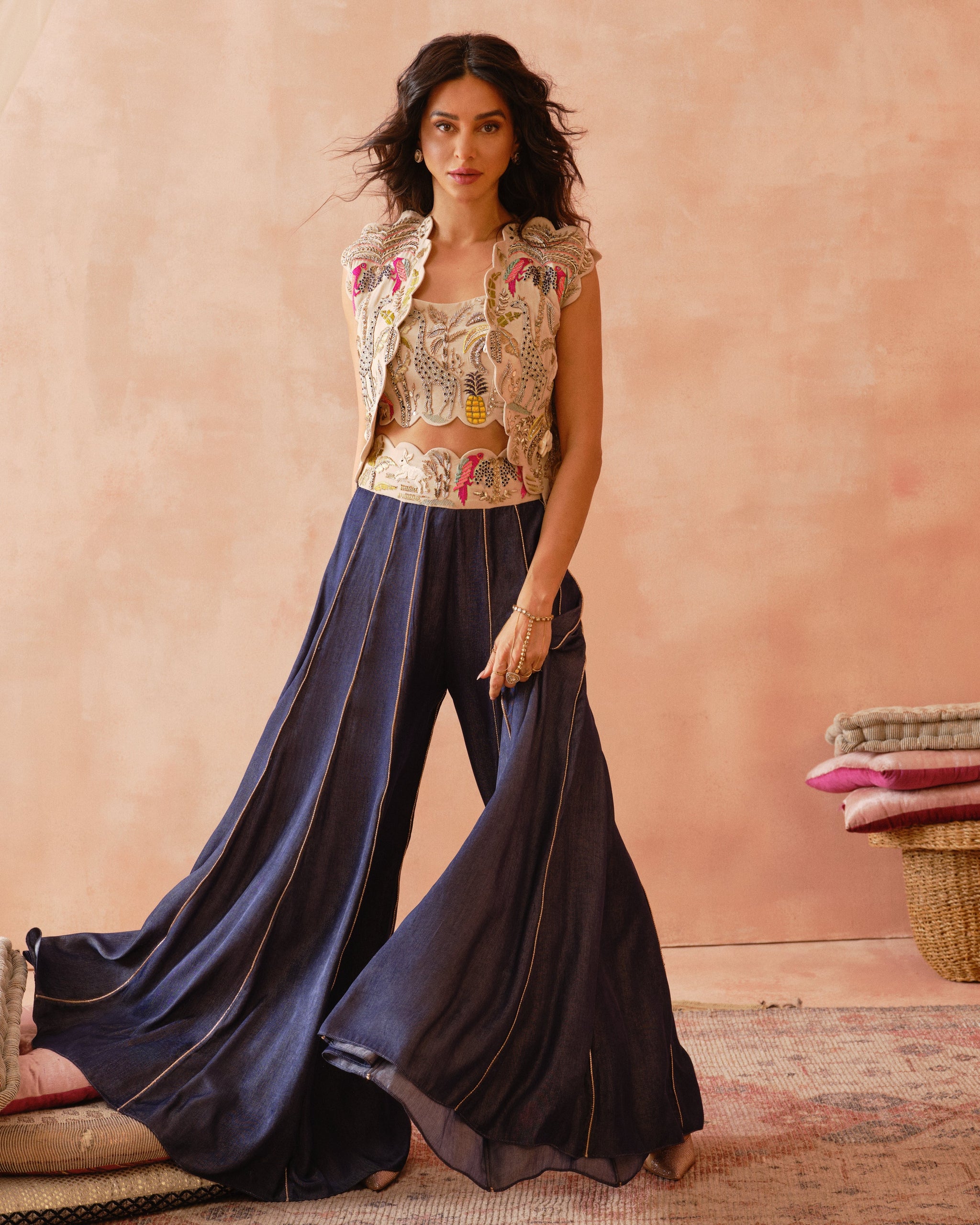 Stone safari embroidered jacket with bustier and sharara with embroide ...